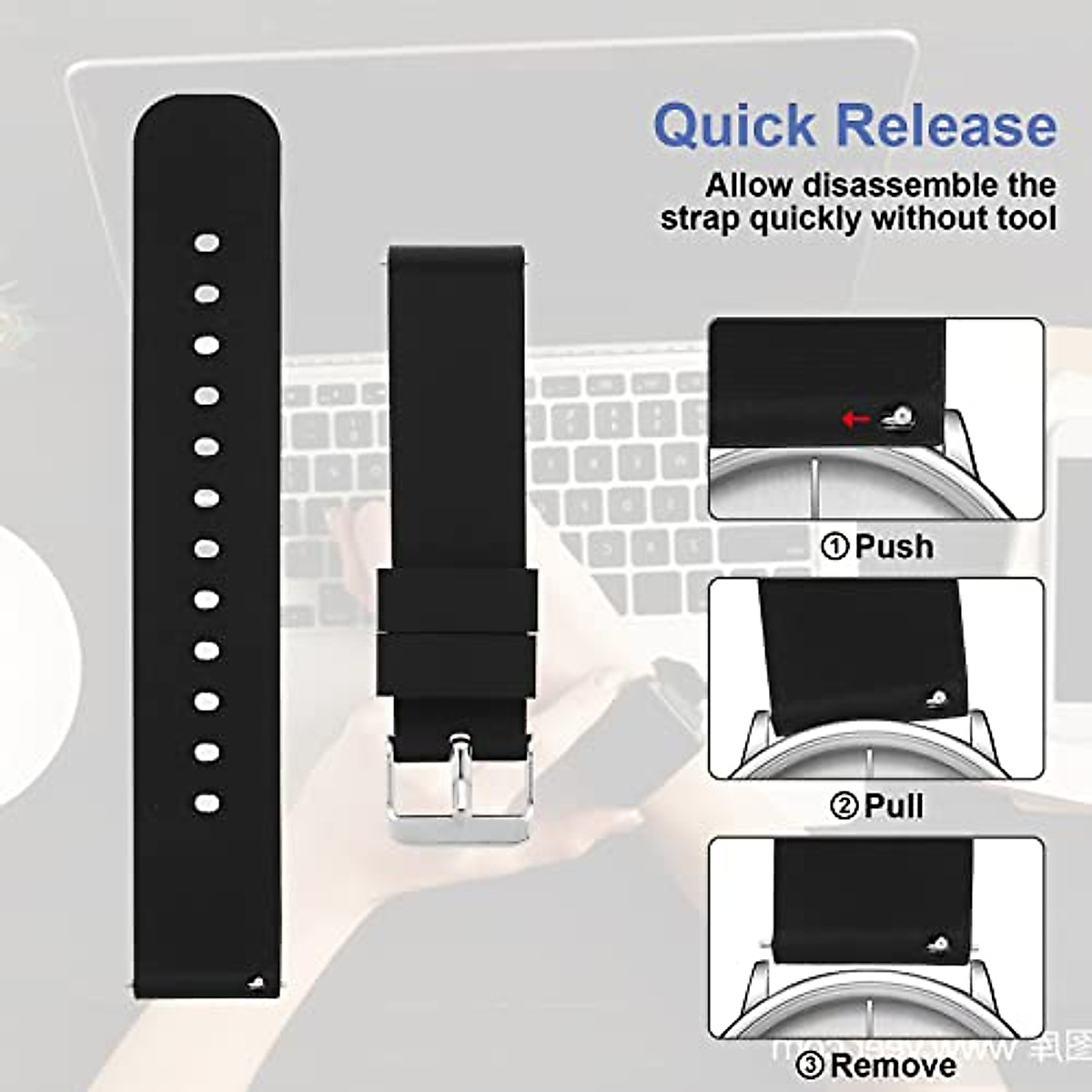 Cobee Silicone Watch Bands, Quick Release Waterproof Soft Rubber Replacement Straps with Silver Plated Stainless Steel Buckle Smart Watch Straps Sport Watchbands Wrist Straps for Men Women(18mm-Black)