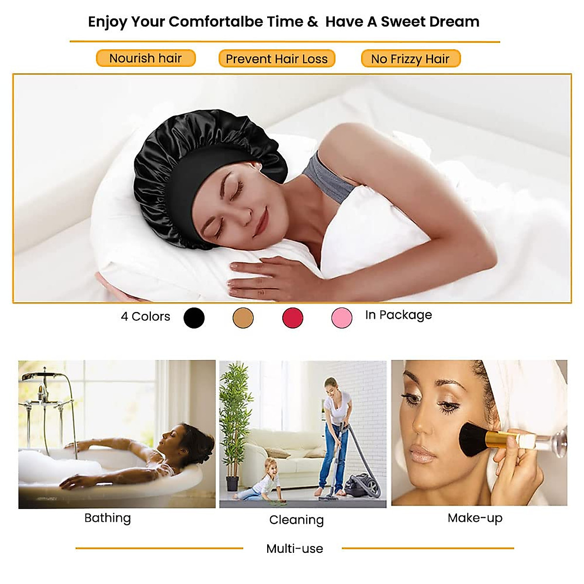 4Pcs Silk Bonnet Satin Bonnet，Hair Bonnets for Sleeping Long Hair Silk Hair Warp for Women Soft Wide Band Night Sleep Cap for Girls Kids