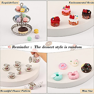 40 Pcs 1:12 Scale Dollhouse Miniature Kitchen Accessories Set Includes 15 Flower Pattern Porcelain Tea Cup 24 Mixed Pretend Cake Foods 1 Mini Three-Tier Cake Stand for Decor Supply (Fresh Style)