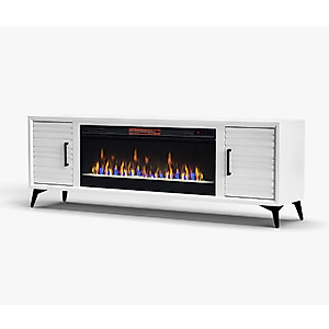 Realcozy Malibu Contemporary Fireplace TV Stand, 78 inches, Accommodates TVs up to 90 inches, Fully Assembled, Poplar Solid Wood, White Finish