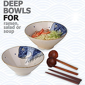 NJCHARMS Ceramic Japanese Ramen Noodle Soup Bowl, 2 Sets (6 Piece) 60 Ounce Ramen Bowls, with Spoons and Chopsticks for Udon, Pho, Asian Noodles, Ramen Noodles Bowl, Blue