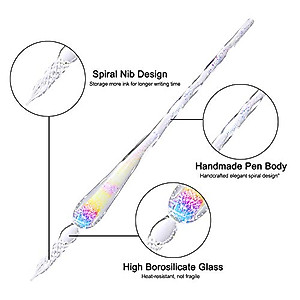 ESSSHOP Calligraphy Glass Dip Pens and Ink Set, 17 Pcs Glittering Rainbow Crystal Pen and Retro Carving Glass Pen, 2 Replacement Nibs, 12 Inks for Signatures, Gift Cards Writing, Calligraphy Beginners
