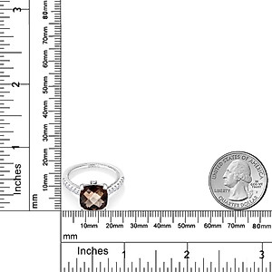 Gem Stone King 925 Sterling Silver Smoky Quartz and White Created Sapphire Engagement Ring For Women (4.12 Cttw, Cushion Checkerboard 10MM, Available in size 5, 6, 7, 8, 9)
