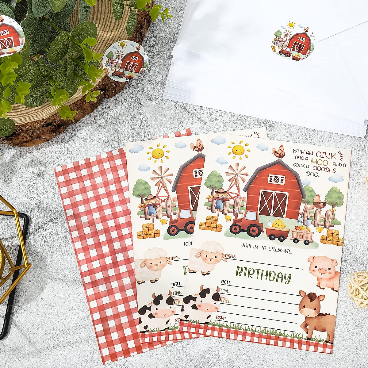 AnyDesign Farm Barnyard Birthday Party Invitations with Stickers Envelopes Red Buffalo Plaids Animal Pig Cow Party Invitation Paper Cards for Birthday Invites Party Supplies, 20 Sets, 5 x 7 Inch
