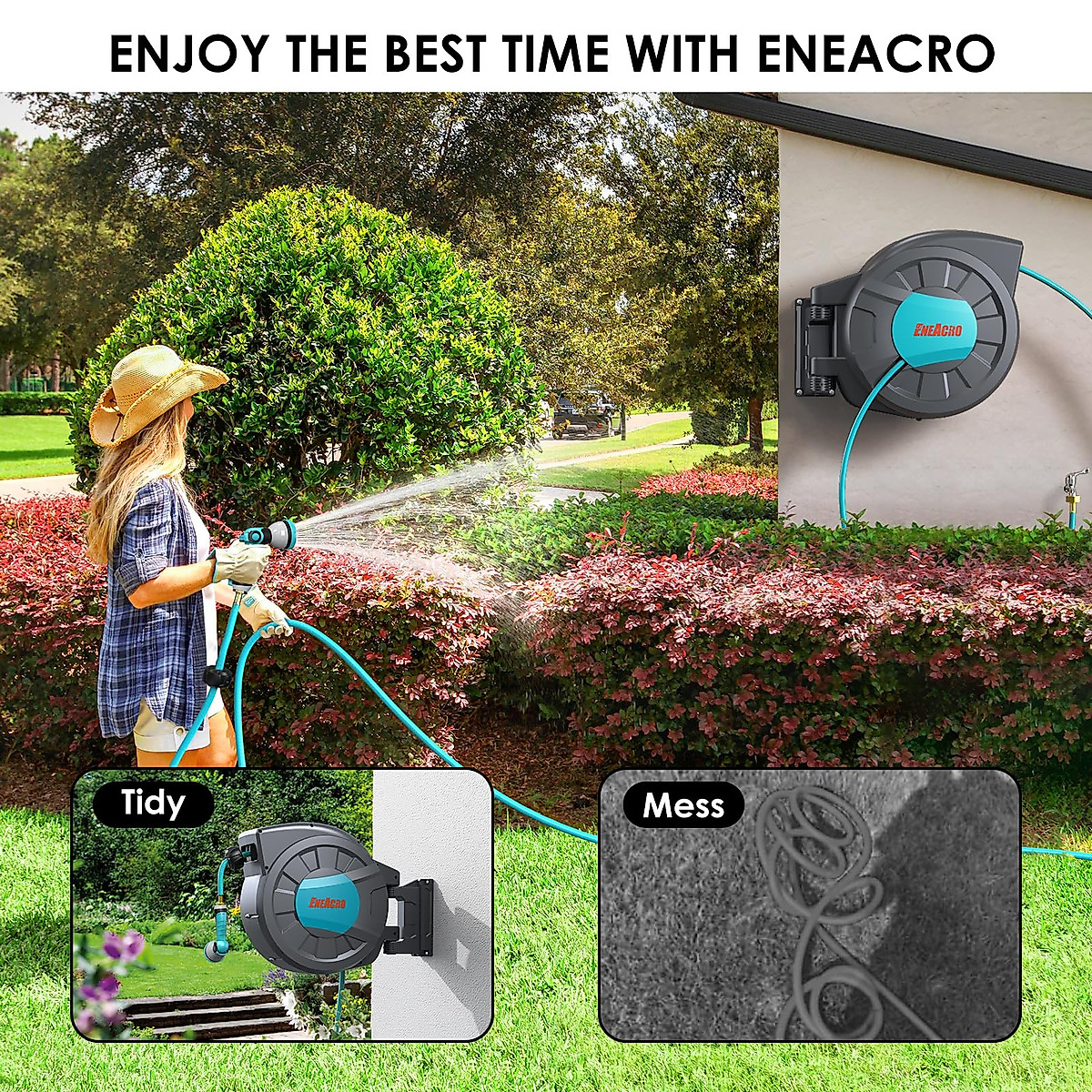 ENEACRO Retractable Garden Hose Reel with Wall Mount 1/2"×120ft with 10 Pattern Hose Nozzle, Brass Connector, Auto Rewind/Any Length Lock/ 180° Swivel Bracket, Ideal for Garden Watering