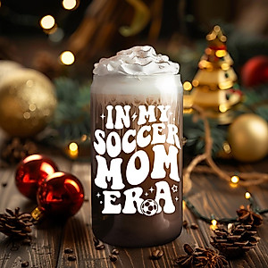 Fairy's Gift Soccer Mom Iced Coffee Cup, Soccer Mom Gifts, 16 oz Coffee Glass Cups with Lids Straws, Soccer Mom Essentials - Soccer Mom Era - Christmas, Birthday Gifts for Soccer Mom, Football Mom