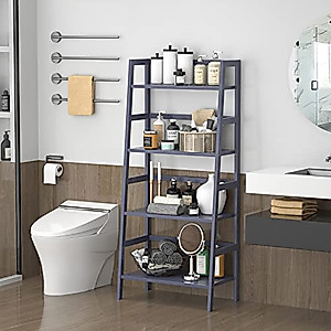Homykic Ladder Bookshelf, 4-Tier Bamboo Shelf 49.2” Open Bookcase Freestanding Bathroom Storage Rack Plant Stand for Living Room, Bedroom, Office, Easy Assembly, Blue Grey