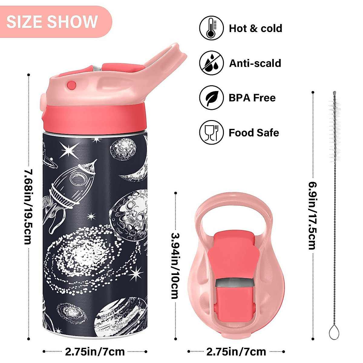 Blueangle Kids Insulated Water Bottle with Straw Lid - 12oz Double Wall Vacuum Travel Tumbler Stainless Steel Reusable Cartoon Planet Stellar Rocket Kids Cup for School Boy Girl（523）