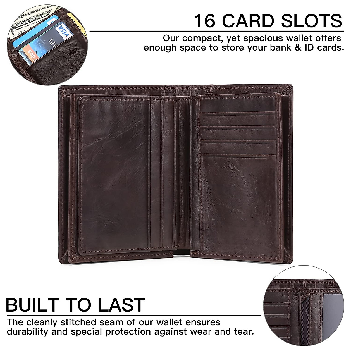 GOIACII Wallets for Men Large Capacity Genuine Leather RFID Mens Bifold Wallet with 16 Card Slots