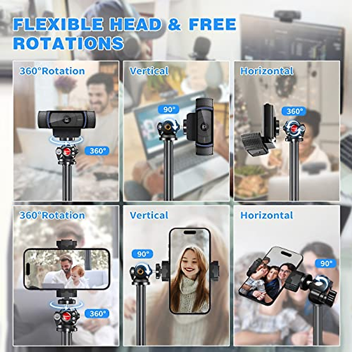 Webcam Tripod Stand, Nycetek Adjustable Sturdy Desk Tripod for Logitech Webcam C920 Brio and Other Webcam with 1/4" Thread, Aluminum Table Tripod with Phone Holder & Remote for Cell Phones, Camera