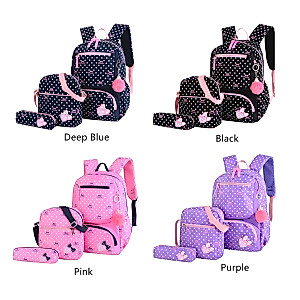 EKUIZAI 3Pcs Heart Prints Backpack Sets 3 in 1 Bowknot Primary Schoolbag Travel Daypack School Bag Kit Knapsack for Students Large