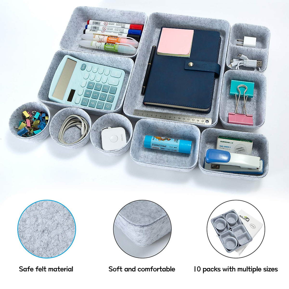 Vdealen Desk Drawer Organizer, 10 Pack Felt Drawer Organizer Trays Home & Office Felt Drawers Dividers Storage for Office Supplies Makeup Jewelry Ect