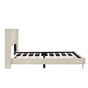Queen Size Platform Bed Corduroy Upholstered Platform Bed with Wingback Headboard Queen Bed Frame with Metal Legs and Strong Wooden Slats, No Box Spring Needed, Noise Free, Easy Assembly, Beige