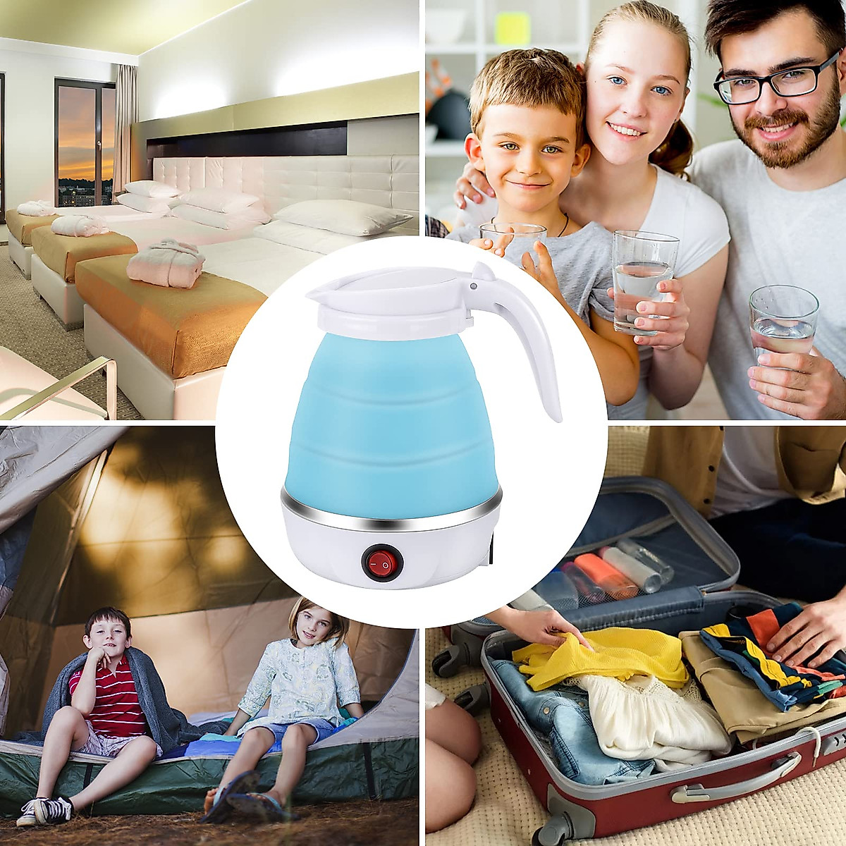 Portable Electric Kettle Travel Size, 600ML Small Foldable Tea Coffee Kettle with Collapsible Bowl and Cups, 5 Min Fast Water Boiling, BPA Free Food Grade Silicone, 110V 400W