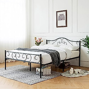 Heavy Duty Metal Platform Bed Frame Queen Size Black Bed Frame with Headboard and Steel Slats Mattress Foundation No Box Spring Needed
