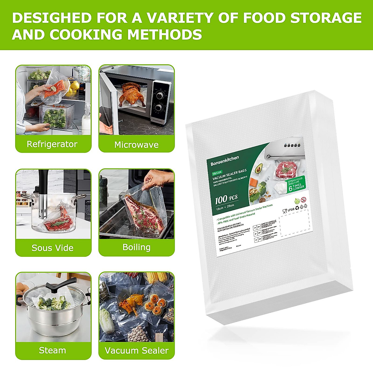 Bonsenkitchen Food Sealer Machine with 100 Pint 6" x 10" Sealer Bags