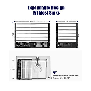 CLNGAI Roll Up Dish Drying Rack,Expandable Over The Sink Dish Drainer,Stainless Steel Kitchen Rolling Sink Rack with Utensil Holder,Length Up to 22.3" (Black)