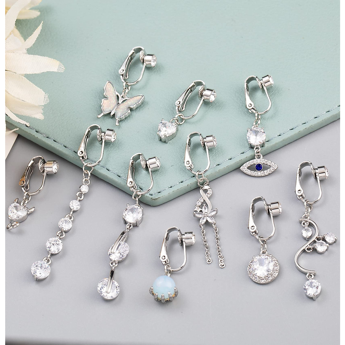 NICEIGHT 10PCS Faux Belly Button Rings for Women Dangle Belly Rings Clip On Belly Rings Butterfly Evil Eye Fake Navel Rings Non Piercing Jewelry S10