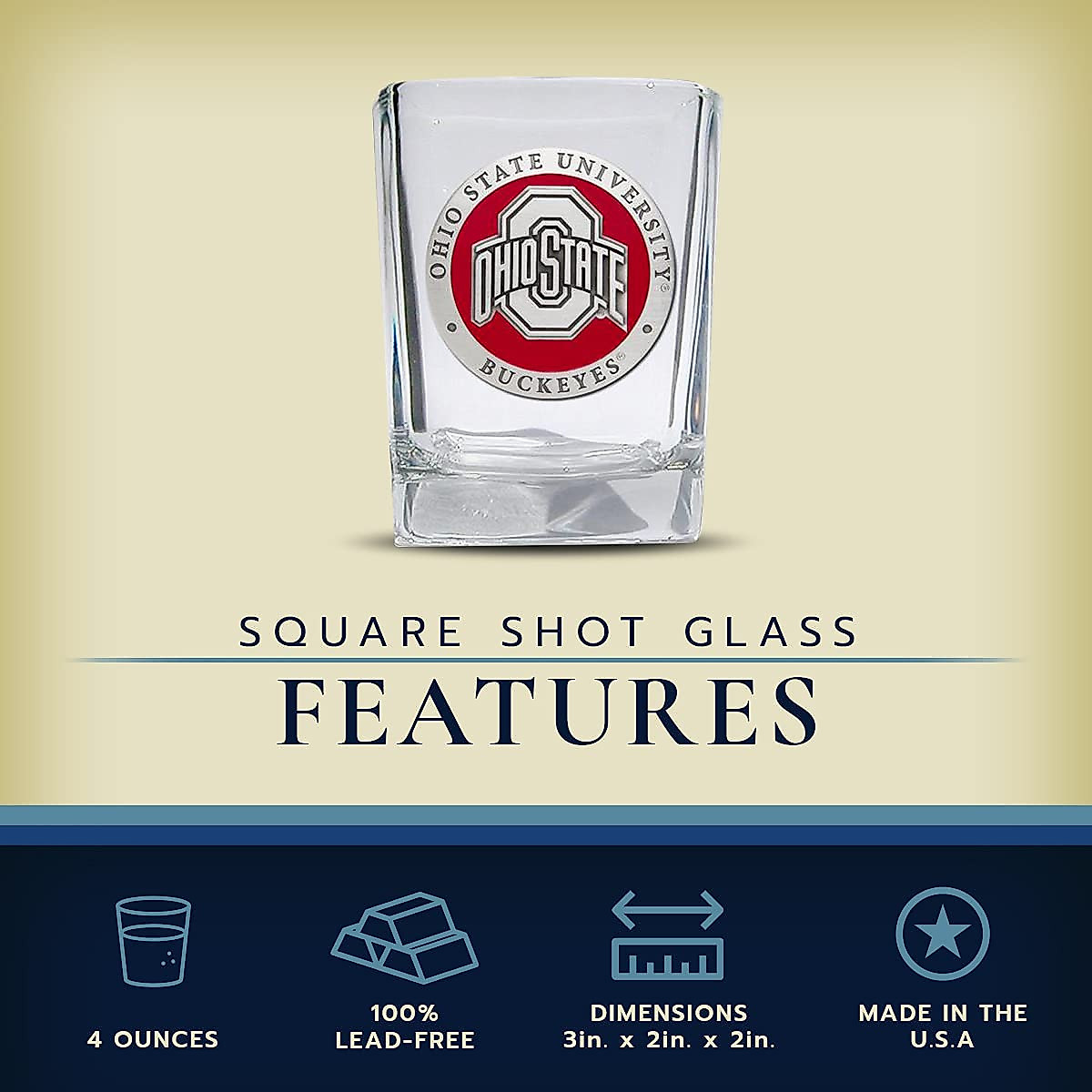 Heritage Pewter Ohio State Square Shot Glass | Hand-Sculpted 1.5 Ounce Shot Glass | Intricately Crafted Metal Pewter Alma Mater Inlay