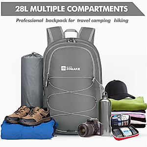 ZOMAKE 28L Packable Backpack:Lightweight Hiking Backpacks - Foldable Water Resistant Back Pack for Travel Camping Outdoor Hiking Day Pack (Medium grey)