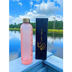 Water Bottle with Time Marker, 32oz 1 Liter, BPA Free Frosted Plastic, Reusable Water Bottle, Leakproof (Blush-Pink)