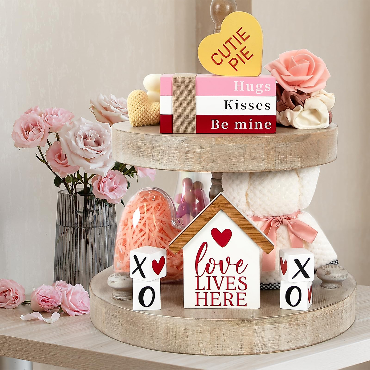 DAZONGE Valentines Day Decor, 6PCS Valentine Tiered Tray Decor, Be Mine Book Stack, XOXO, Love Lives Here House Valentine Signs, Freestanding Valentines Table Decorations for Wedding, Anniversary Events
