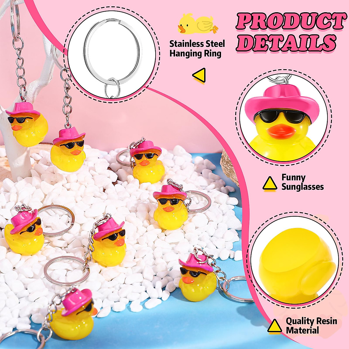 Siifert 36 Pcs Duck Keychain Bulk Cowboy Cowgirl Duck Party Favors Resin Tiny Duck Keychain with Cowboy Hat Sunglasses Charms Pendant for Kids Gift Halloween Birthday Baby Shower (Yellow,Rose Red)