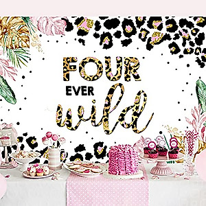 Lofaris Four Ever Wild Birthday Backdrop 4th Birthday Safari Jungle Leaves Photography Background Child Kids Birthday Party Decorations Girl Cake Table Banner Photo Booth Props 7x5ft