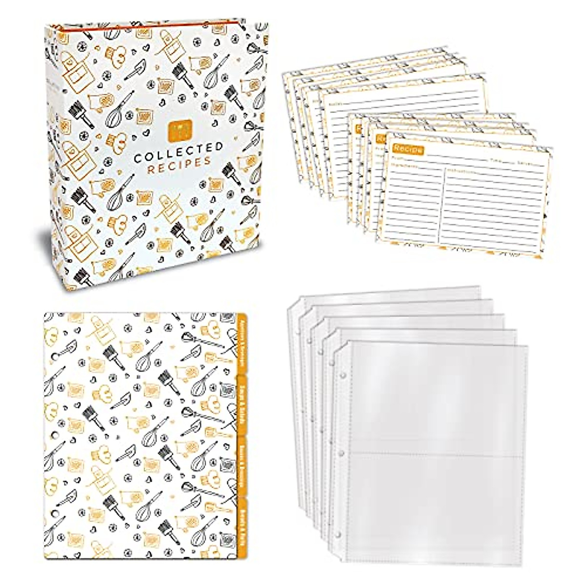 Recipe Binder, 8.5" x 9.5" 3 Ring Binder Organizer Set (with 50 Page Protectors, 100 4" x 6" Recipe Cards & 12 Category Divider Tabs) by Better Kitchen Products, Black & Gold Montage Design