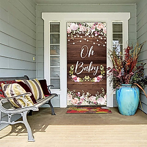 ZDX Oh Baby Door Banner Photo Rustic Floral Wood Backdrop Decorations Baby Shower Newborn Party Door Hanger Cover Sign Supplies Poster Background Decor 72.8 x 35.4in