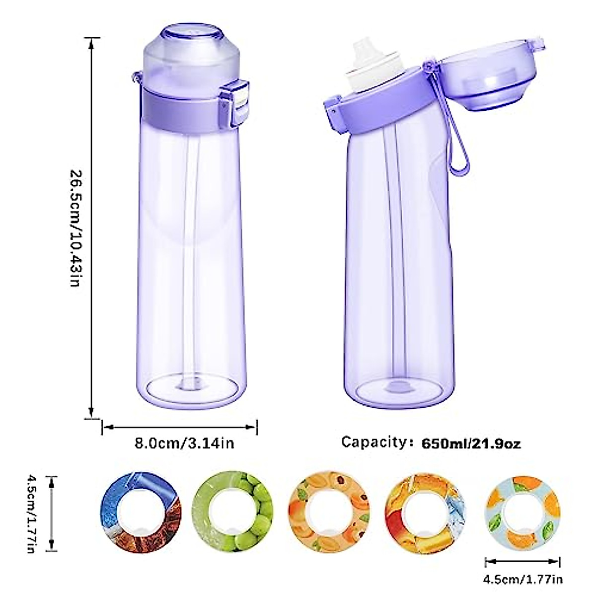 nezababy Water Bottle with Flavor Pods,Fruit Fragrance Water Bottle,Scent Water Cup,Sports Water Cup Suitable for Outdoor Sports (Purple(650ML)+6Pcs)