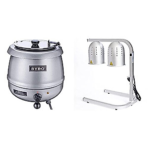 SYBO Stainless Steel Soup Kettle with Hinged Lid and Insert Pot, 10.5 Quarts, Commercial Grade & DL2112 Commercial Grade Food Heat Lamp Portable Electric Food Warmer 2-Bulb with Free-Standing,Silver