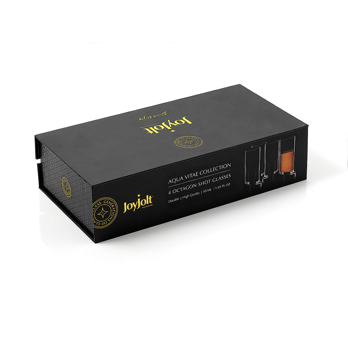 JoyJolt Aqua Vitae Shot Glass Set of 4. Crystal Shot Glasses, Round Clear Shot Glasses Set with Octagon Base. 1 – 2 oz Cups for Tequila, Limoncello, Vodka or Aperitif. Fun Christmas Gifts