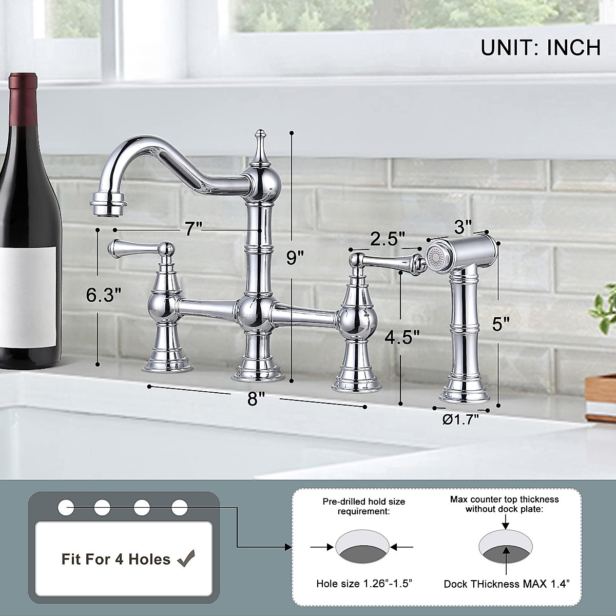WOWOW 3 Hole Widespread Bathroom Faucet Chrome Bathroom Sink Faucets 2 Handle Bath Faucet 8 inch and 4 Hole Kitchen Faucet with Sprayer, 8 Inch Centerset Brass Bridge Kitchen Faucet