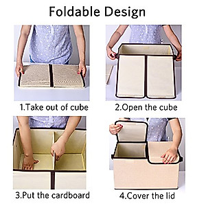 senbowe Larger Storage Cubes [4-Pack] Linen Fabric Foldable Collapsible Storage Cube Bin Organizer Basket with Lid, Handles, Removable Divider For Home, Nursery, Closet - (16.5 x 11.8 x 9.8”)