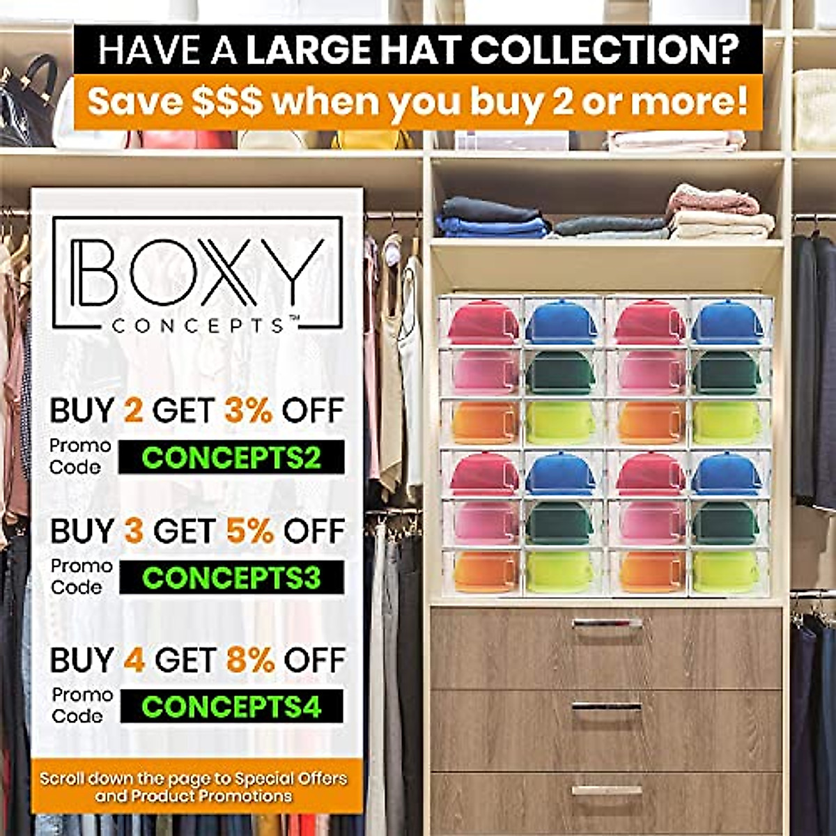 Boxy Concepts Plastic Hat Organizer for Baseball Caps (6-Pack) Easy Assembly, Stylish, Dust-Proof, Transparent, Stackable with Odor Vents. Ideal Holder, Case or Hat Rack Storage System 13” x 5.5” x 9”