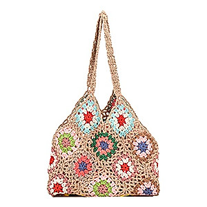 JQAliMOVV Crochet Tote Bag - Cute Flower Knitting Tote Bags Aesthetic Trendy Crochet Beach Bag Y2K Shoulder Bag Handbag Boho Bag (Khaki)