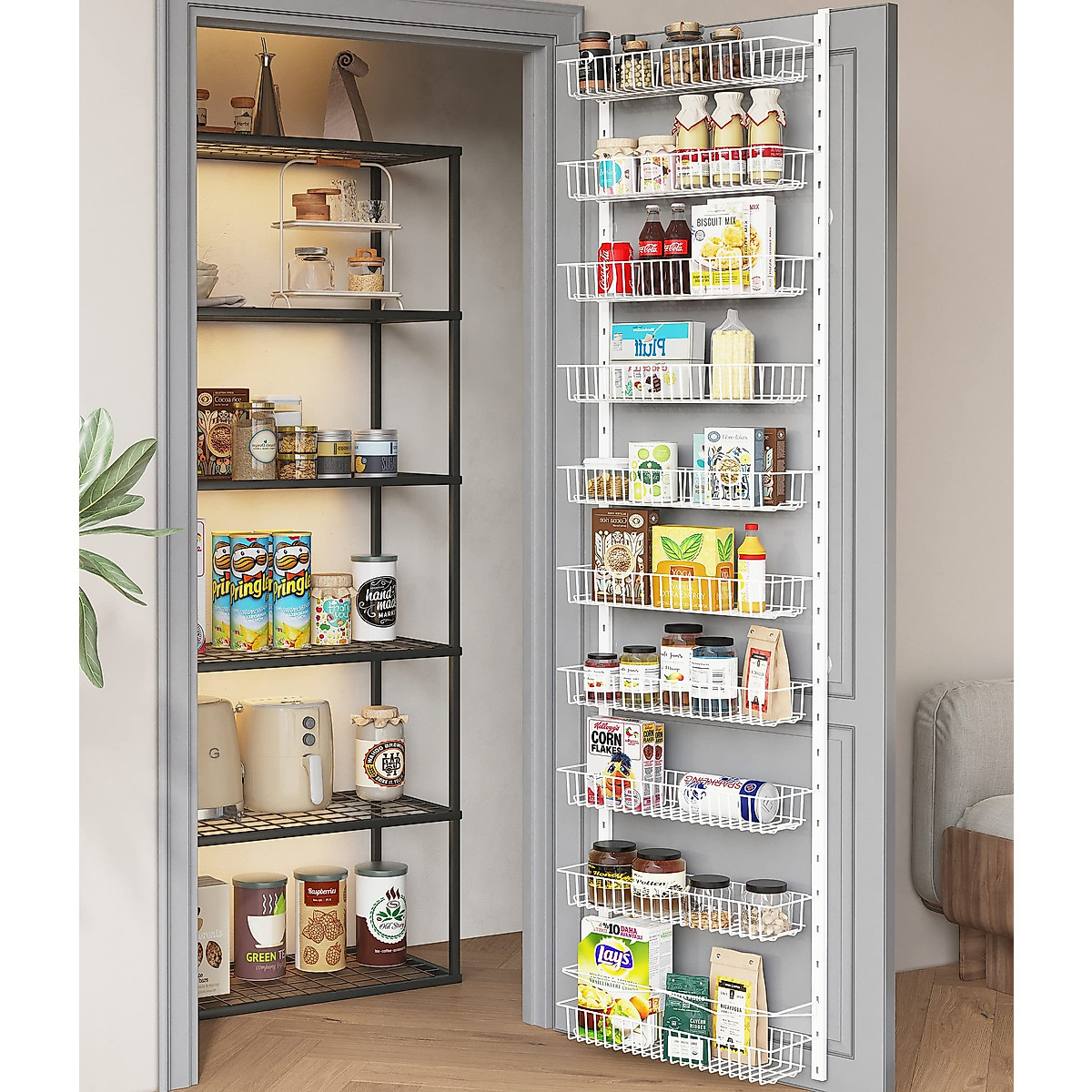 COVAODQ 10-Tier Pantry Door Organization and Storage Over the Door Pantry Organizer Metal Hanging Kitchen Spice Rack Can Organizer,Black