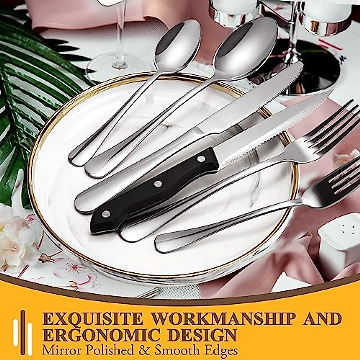 24 Piece Silverware Set, Flatware Utensils Set with Steak Knives for 4, Stainless Steel Cutlery Eating Tableware Set, Include Fork Kinfe Spoon, Mirror Polished, Dishwasher Safe