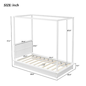 BOVZA Twin Size Canopy Bed Frame with LED Lights and Headboard, Wooden 4-Post Canopy Platform Bed with Support Slats, No Box Spring Needed, White