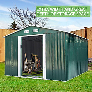9.1' x 10.5' Large Outdoor Backyard Garden Storage Sturdy Shed Utility Tool Organizer w/Gable Roof, Double Lockable Sliding Door, 4 Vents, Stable Base - Green