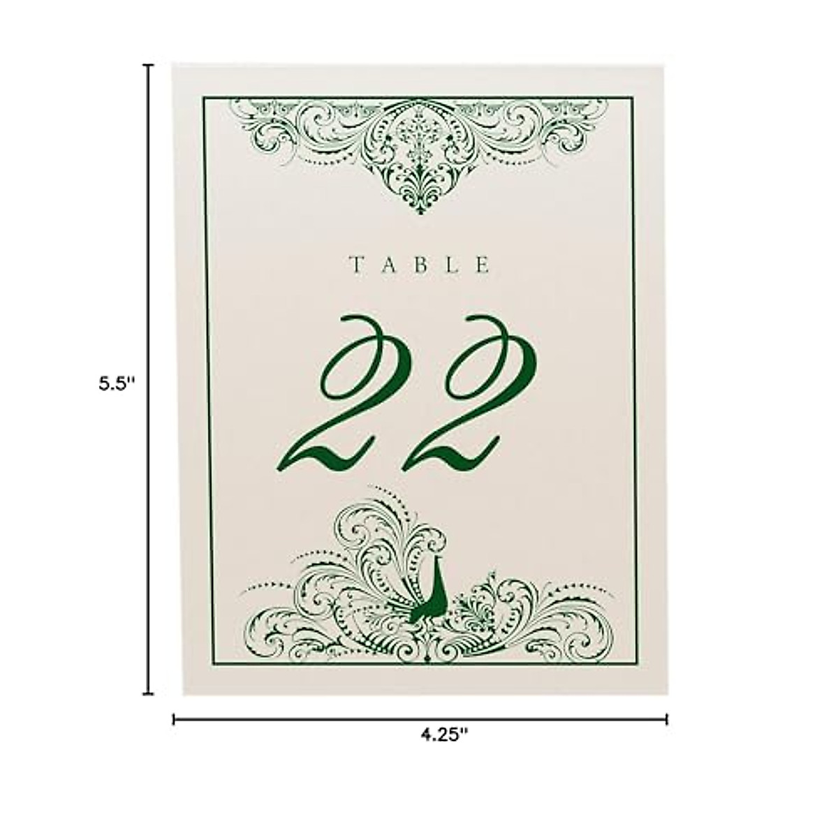Peacock Flourish Wedding Table Numbers (Select Color/Quantity), Champagne, Hunter Green, 1-15, Double Sided, Tent or Use in a Stand, Great for Parties & Restaurants