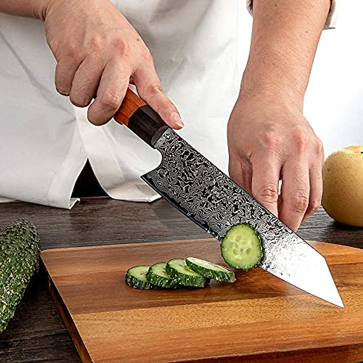 BGT Kiritsuke Chef Knife, 8 inch Damascus Kitchen Knife, Japanese 67 Layer High Grade VG-10 Damascus Steel Chef Knife with Ebony Wood Handle, with Gift Box.