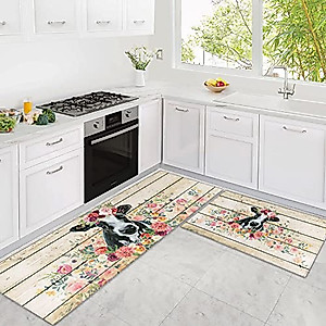 Cow Print Rugs for Kitchen Floor, Farmhouse Kitchen Mats Cushioned Anti Fatigue 2 Piece Set, Memory Foam Kitchen Mat Set of 2 and Kitchen Runner Rug Washable for Home Kitchen Decor 17"x30"+17"x47"