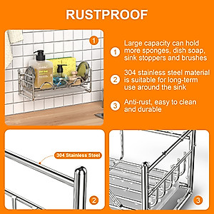 KOYLIM Sink Caddy Sponge Holder - Stainless Steel Kitchen Sink Organizer with Removable Drain Tray - Brush and Dish Soap Dispenser Storage Rack for Kitchen Counter (Silver)