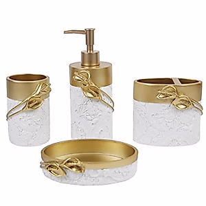 Hymmah Bathroom Accessories Set,Golden Design Toothbrush Holder,Farmhouse Bathroom Decor,4 Pcs Resin Gift Set Apartment Necessities, Contain Toothbrush Cup,Soap Dispenser,Soap Dish,Tumbler