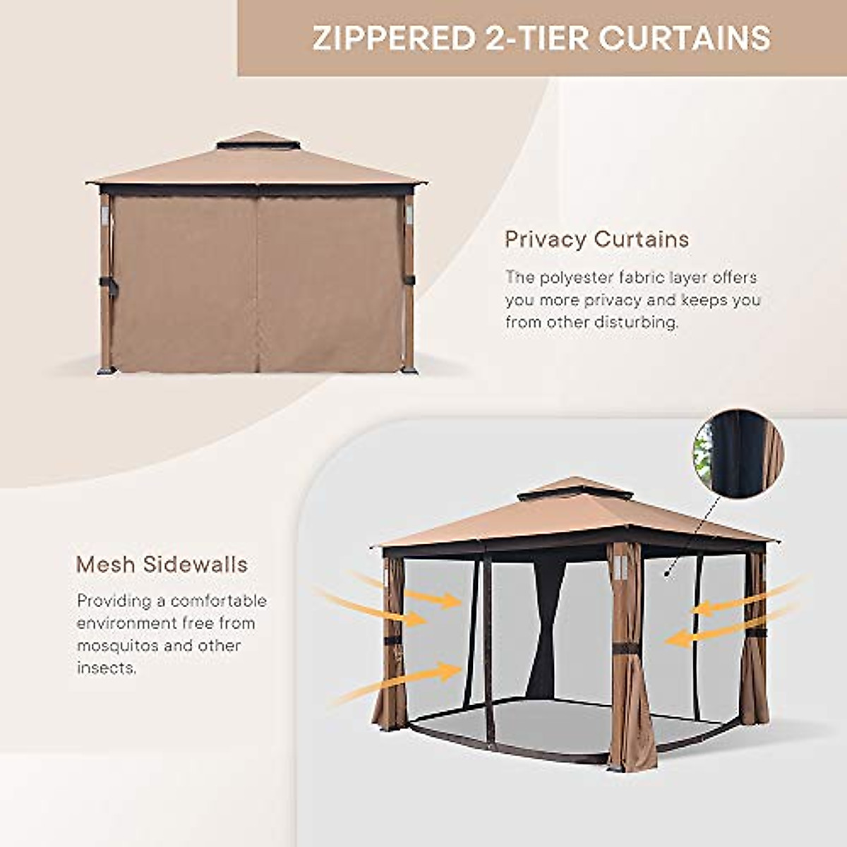 10x12 Gazebo Canopy Soft Top Outdoor Gazebo Tent 2-Tier Curtain Double Roof Vented Gazebo with Mesh, LED Lights, and Bluetooth Speakers
