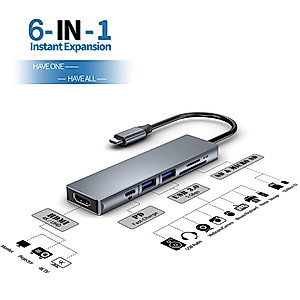 USB C Hub Type C 6 in 1 Hub to 4K HDMI Output, 2 USB3.0 Ports,SD/TF Card Reader with PD2.0 Charge