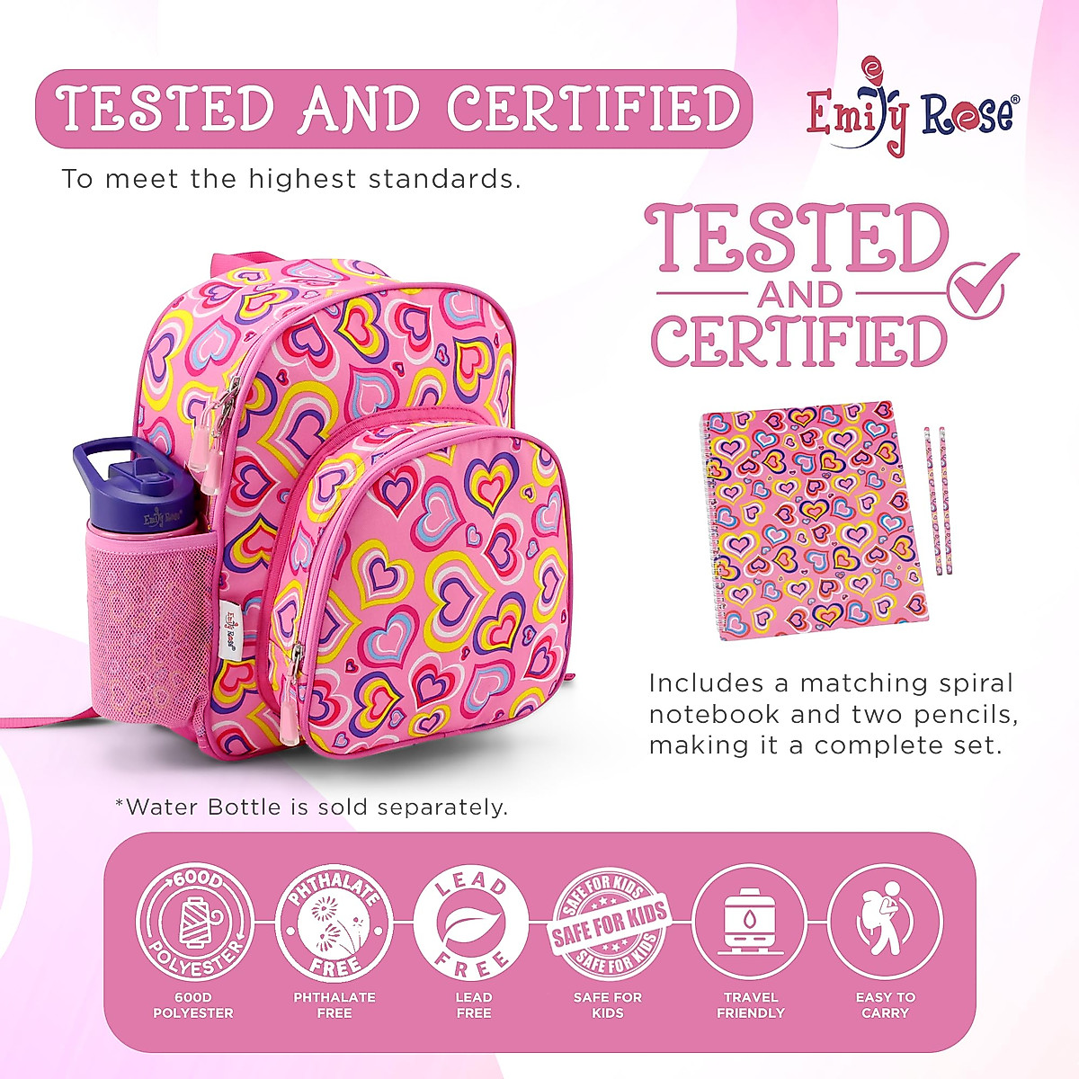 16 Inch Girl Girls School Travel Back Pack Bookbag Gift Set (Mom's Choice Award Winner!) | Features Padded Back and Adjustable Straps | Includes Spiral Notebook and 2 Pencils! (Playful Hearts)