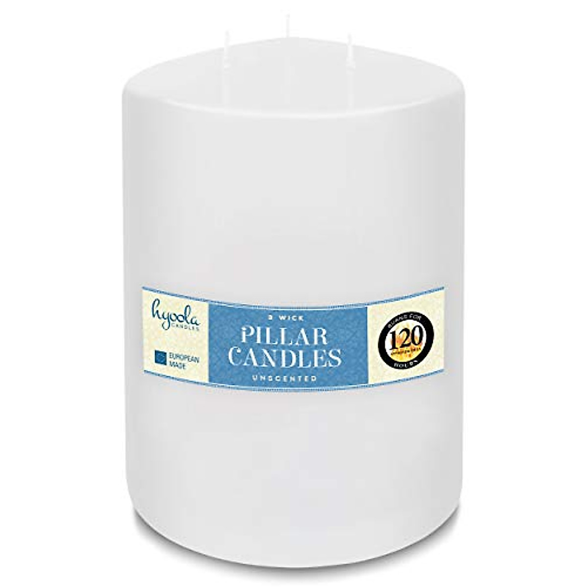 HYOOLA White Three Wick Large Candle - 4.75 x 8 Inch - Unscented Big Pillar Candles - 120 Hour - European Made